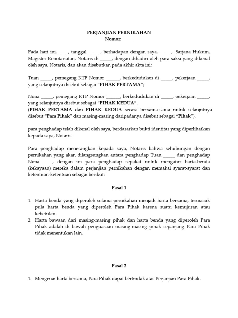 Contoh Perjanjian Pernikahan Notaris | PDF