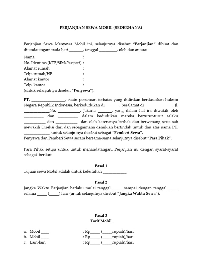 Draft Perjanjian Sewa Mobil (Sederhana) | PDF