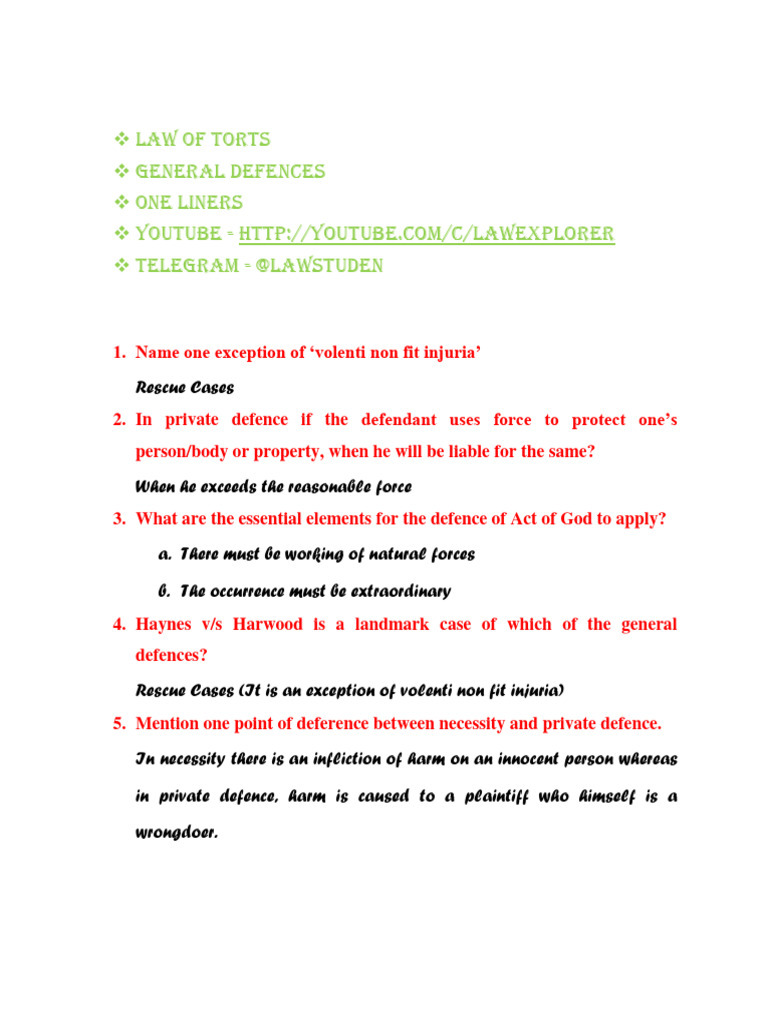 One Liners - General Defences in Torts | PDF | Politics | Law