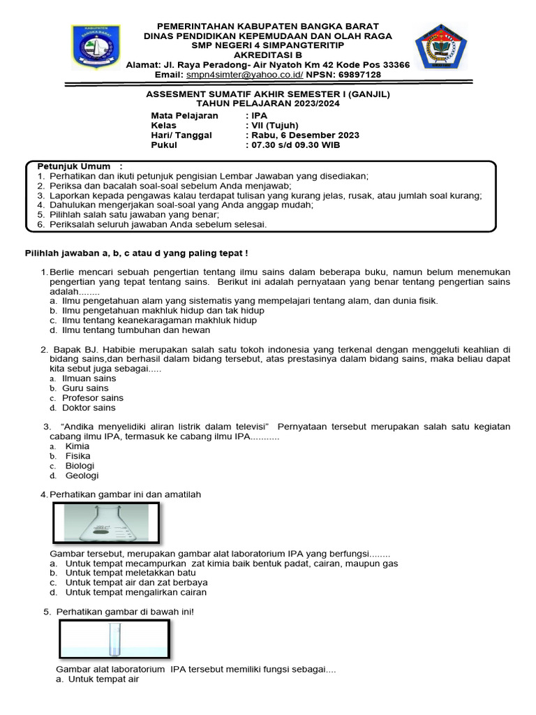 Ujian IPA Semester Ganjil Kelas VII | PDF | Sains & Matematika | Kajian Bahasa Asing
