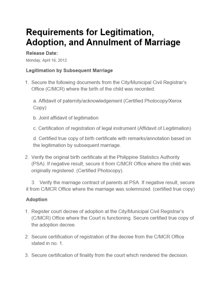 Requirements For Legitimation, Adoption, and Annulment of Marriage ...