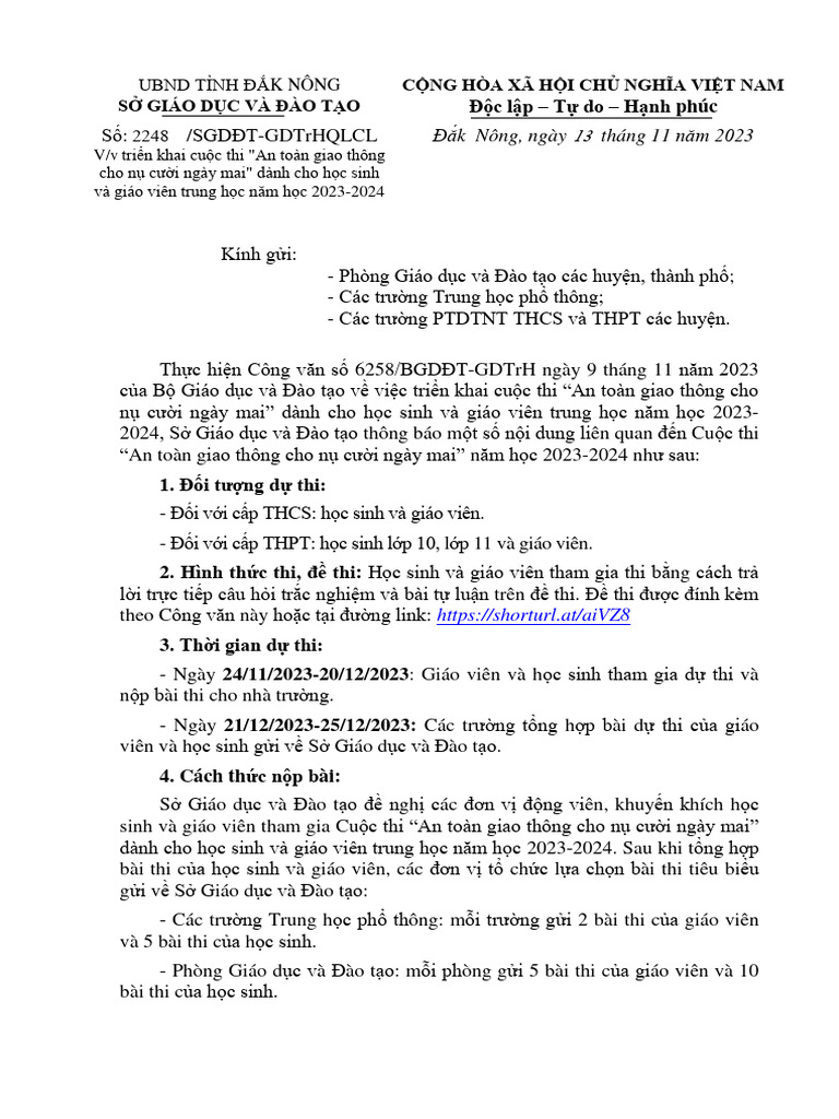 CV triển khai cuộc thi ATGT cho nụ cười ngày mai 2023 2024 | PDF