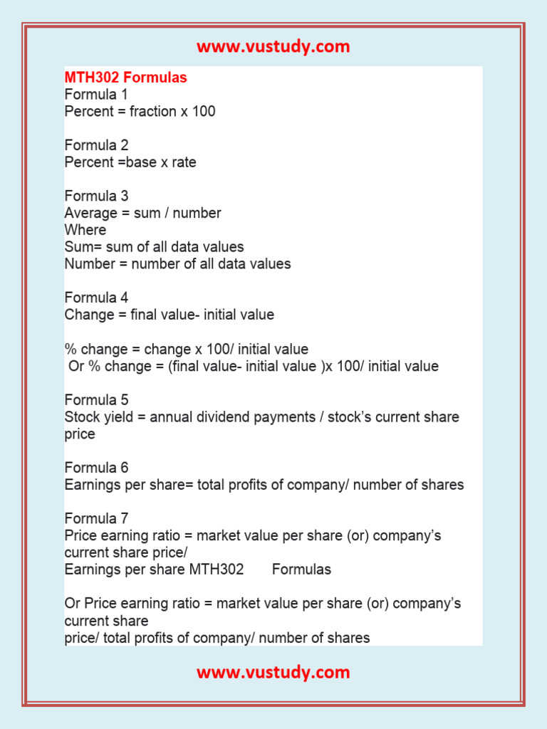 Essential MTH302 Formulas Guide | PDF | Discounting | Business
