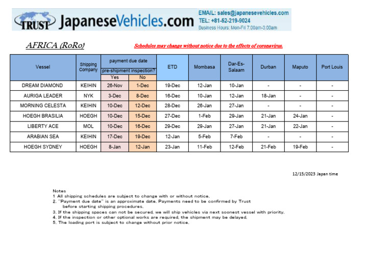Japan Vehicle Shipping Schedule 2023 | PDF