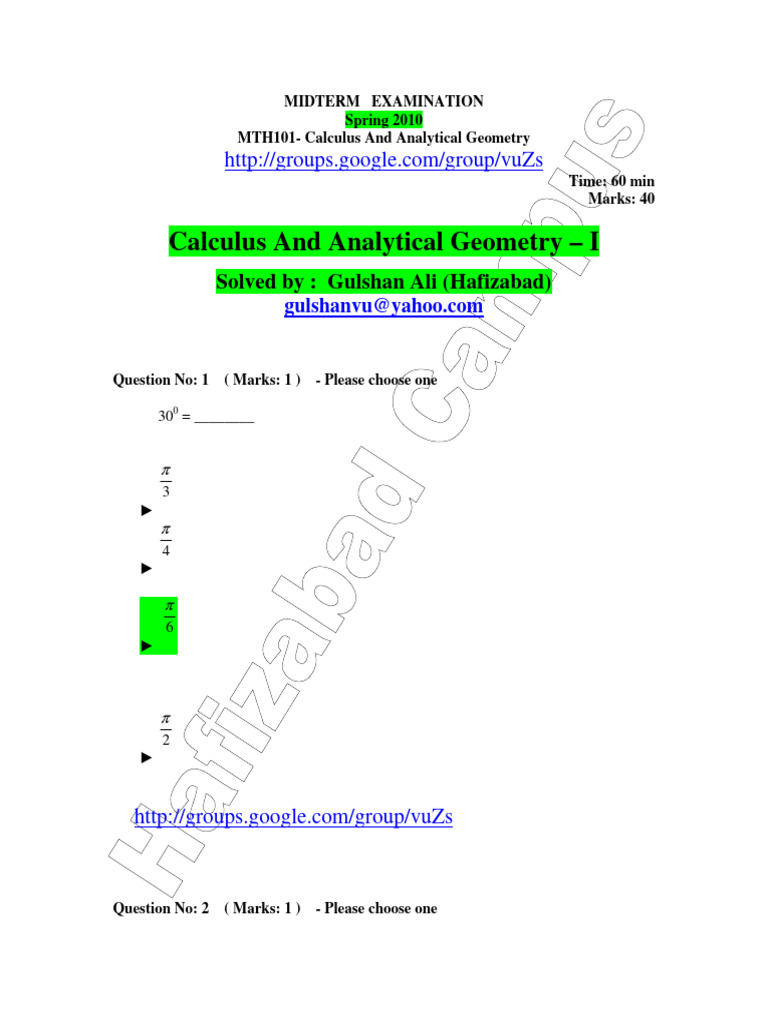 MTH101 Midterm Solved MCQs Shared by Gulshin Ali | PDF | Pi | Function ... MTH101 Midterm Solved MCQs Shared by Gulshin Ali | PDF | Pi | Function ...