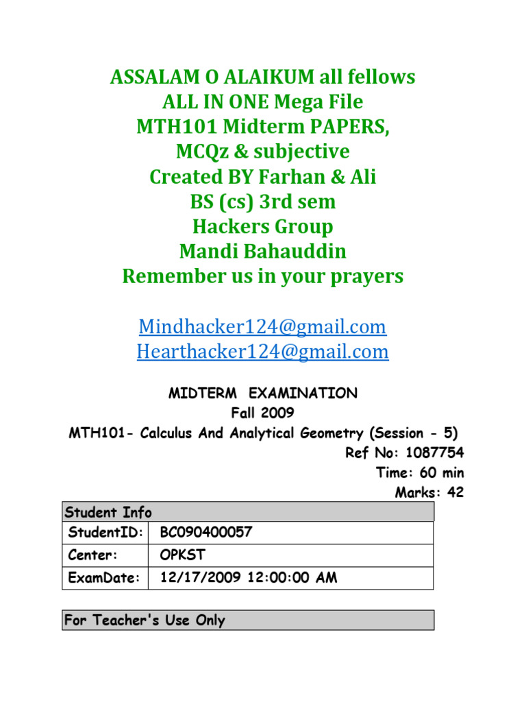 MTH101 Midterm Solved MCQs Shared by Hacker Group | PDF MTH101 Midterm Solved MCQs Shared by Hacker Group | PDF