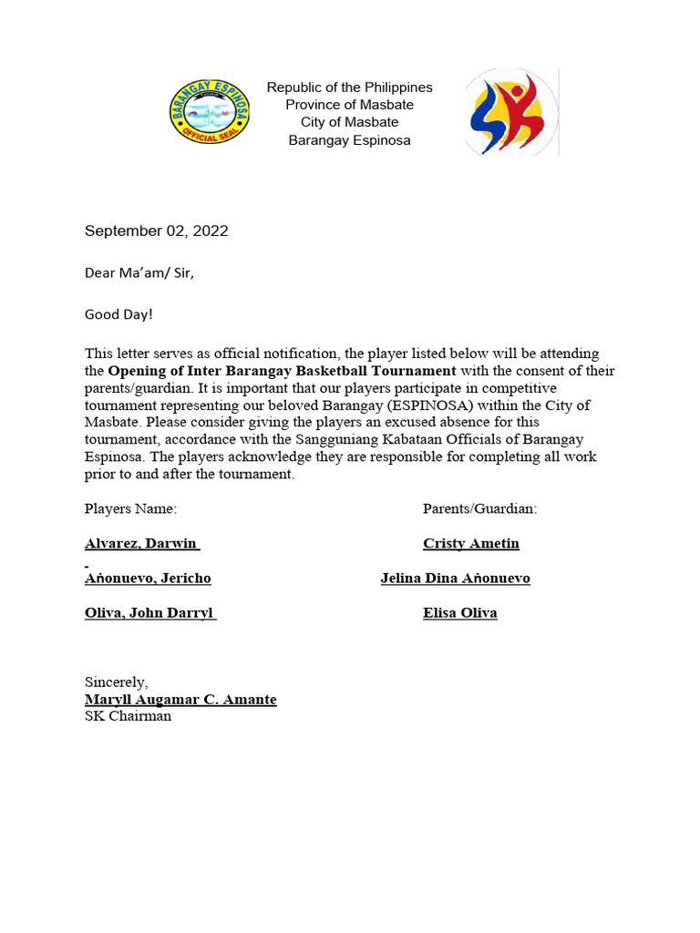 Excuse Letter for Basketball Tournament | PDF