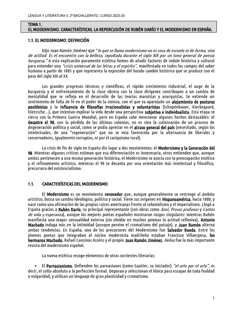 Tema 1. El Modernismo. Caracteristicas. La Repercusion de Ruben Dario... 1 | PDF | Poesía | Rima