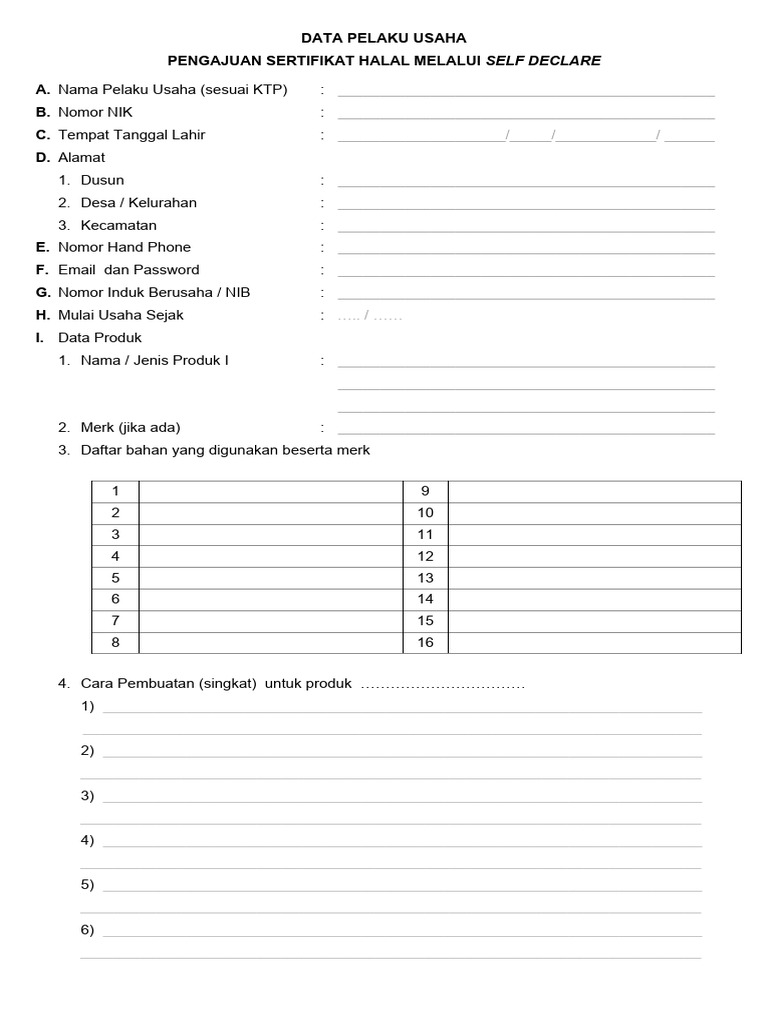 Formulir Pendaftaran Sertifikat Halal Self Declare | PDF