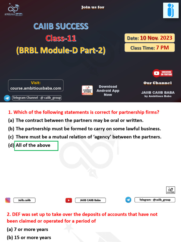 Caiib Success Class-11 (BRBL Module-D Part-2) : 7 PM 10 Nov. 2023 | PDF | Partnership | Limited ...