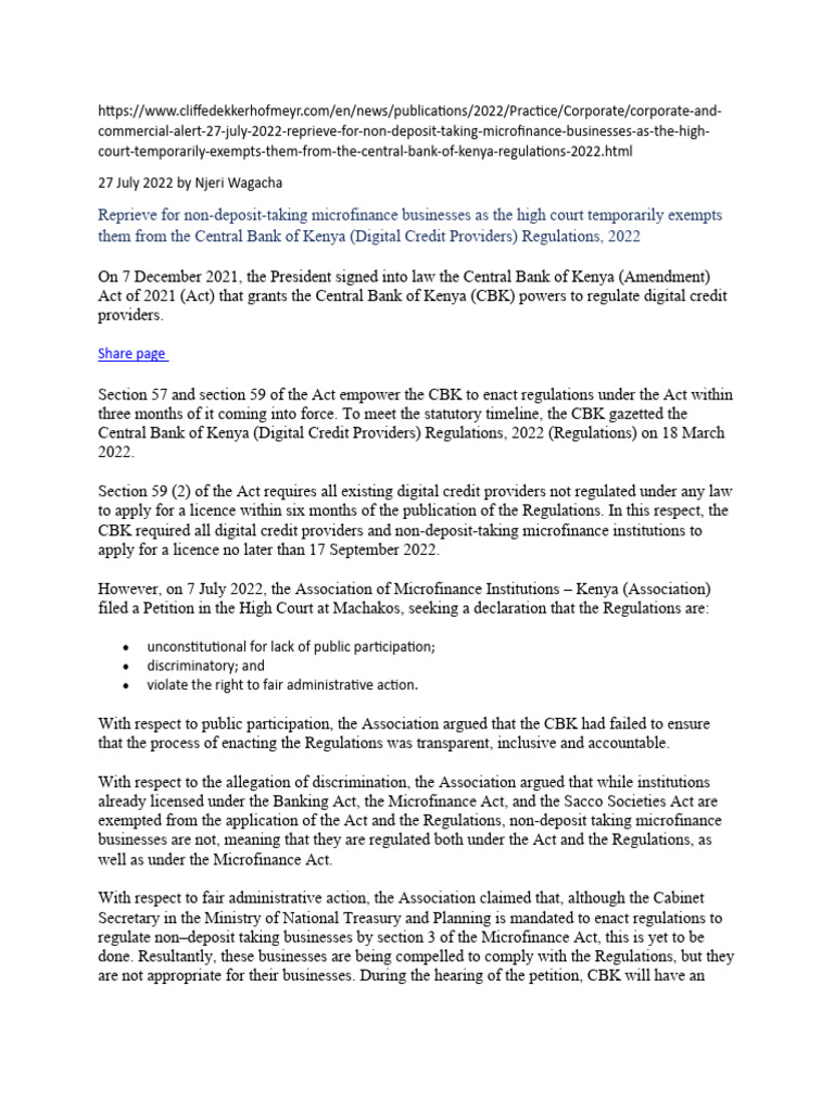 Microfinance Reprieve from CBK Rules | PDF | Finance & Money Management ...