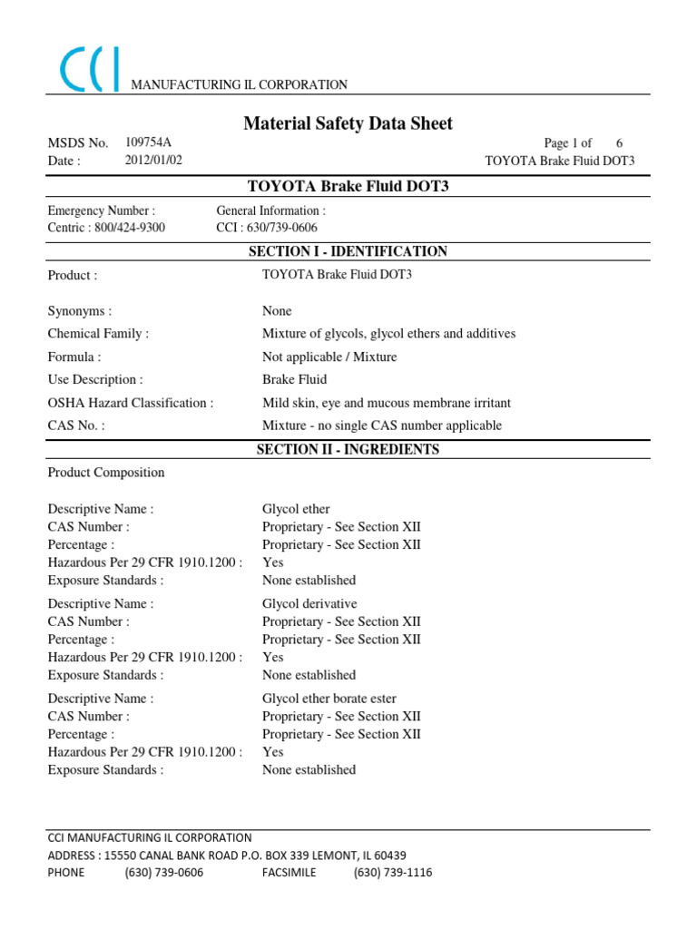 Material Safety Data Sheet: TOYOTA Brake Fluid DOT3 | PDF | Personal ...