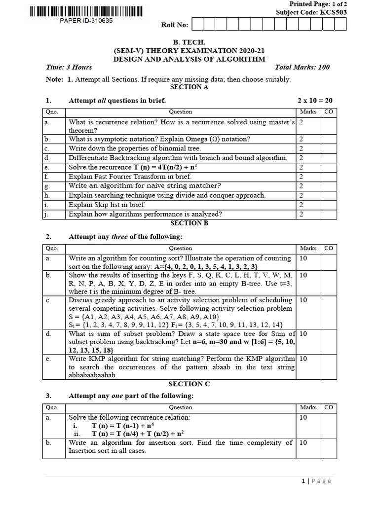 AKTU DAA Question Paper Compilation | PDF | Teaching Methods & Materials