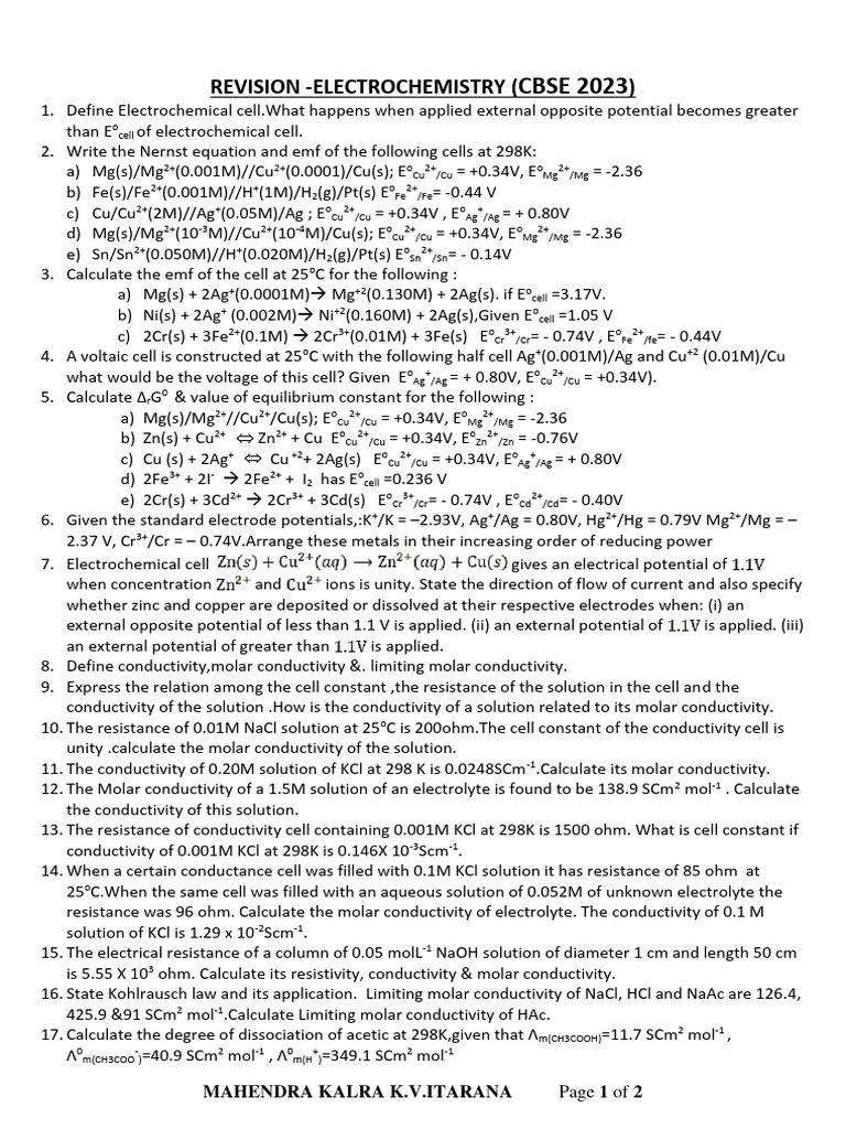 Revision - Electrochemistry (Cbse 2023) | PDF | Electrode | Electrical Resistivity And Conductivity