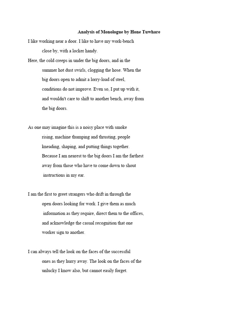 Monologue Analysis: Hone Tuwhare | PDF | Poetry