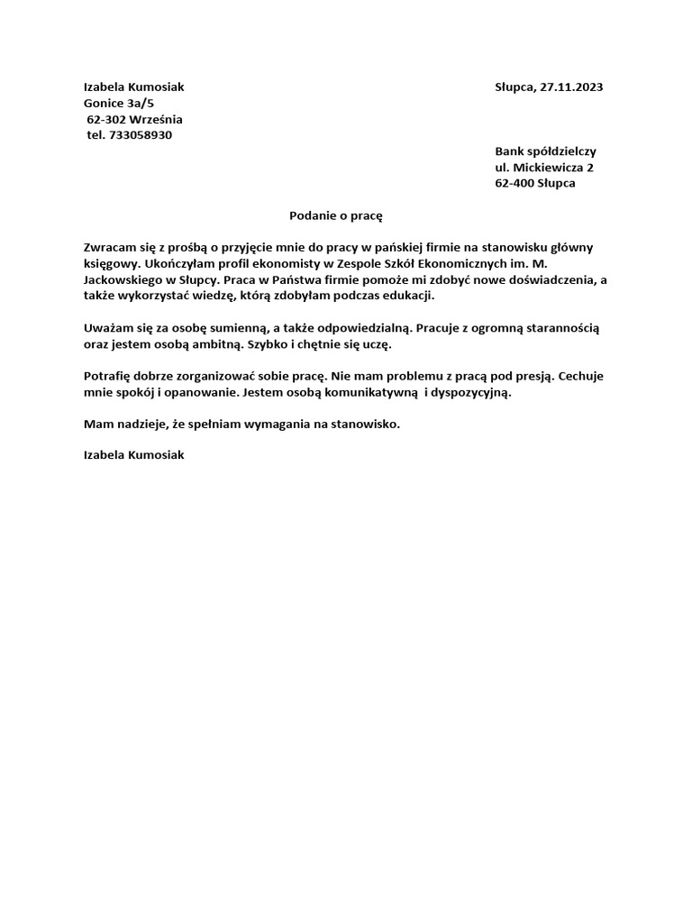 Podanie o Prace Izabela Kumosiak 2a | PDF