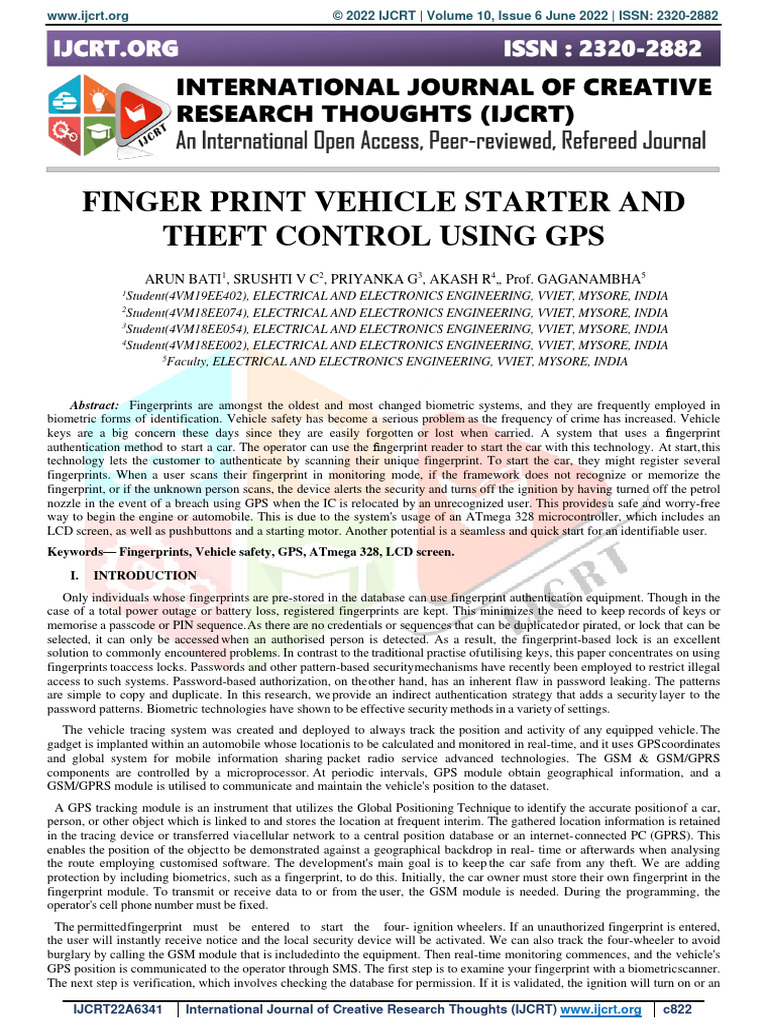 Finger Print Vehicle Starter and Theft Control Using Gps | Download ...