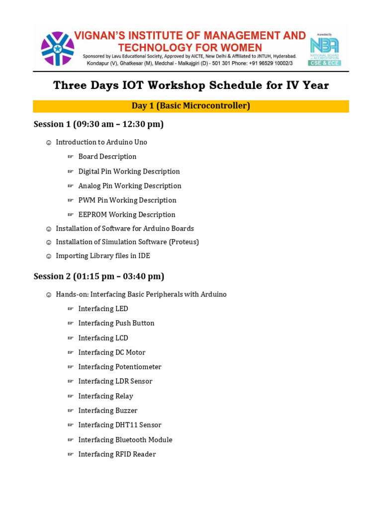 Three Days Iot Workshop Schedule For Iv Year Pdf Arduino Raspberry Pi