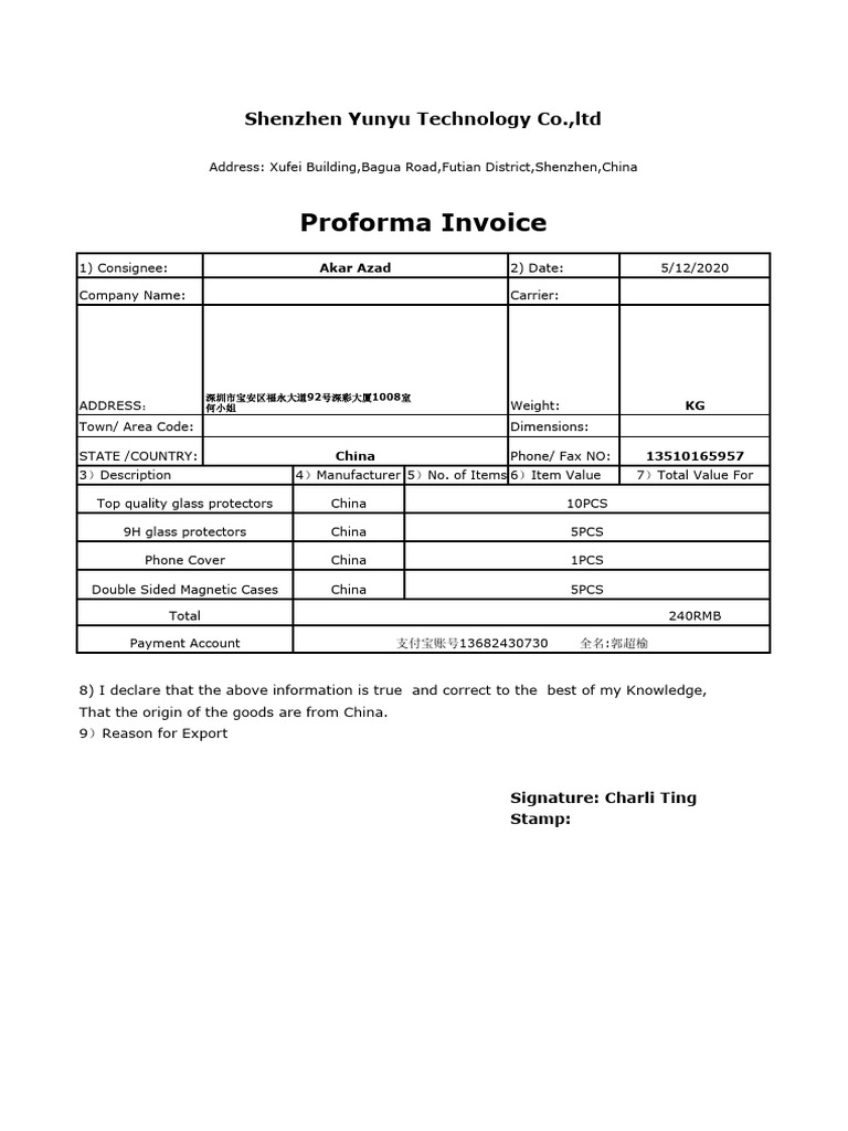 1 - Proforma Invoice From Shenzhen Yunyu Technology Co.,Ltd | PDF | Law | Computers