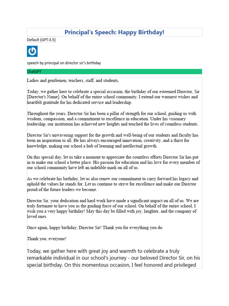 Principal's Speech: Happy Birthday!: Default (GPT-3.5) | PDF ...