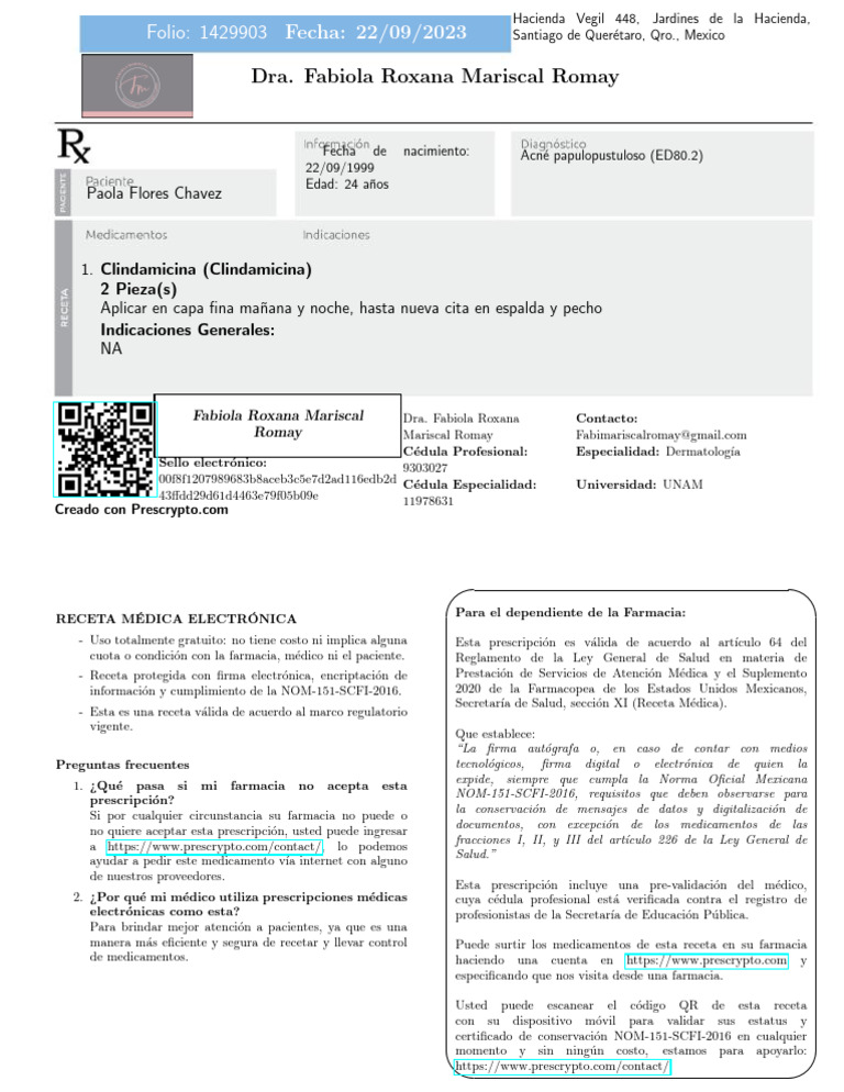 Dra. Fabiola Roxana Mariscal Romay: Folio: 1429903 Fecha: 22/09/2023 | PDF