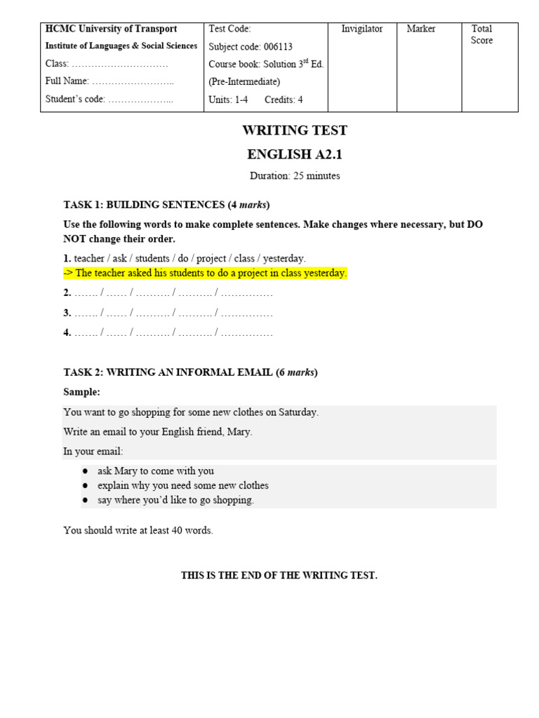 A2.1 - Writing Test Format | PDF