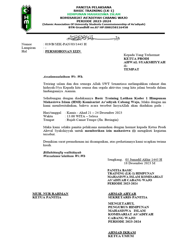 Surat Izin Ke Kampus LK-1 Hmi Komisariat As'adiyah A S | PDF