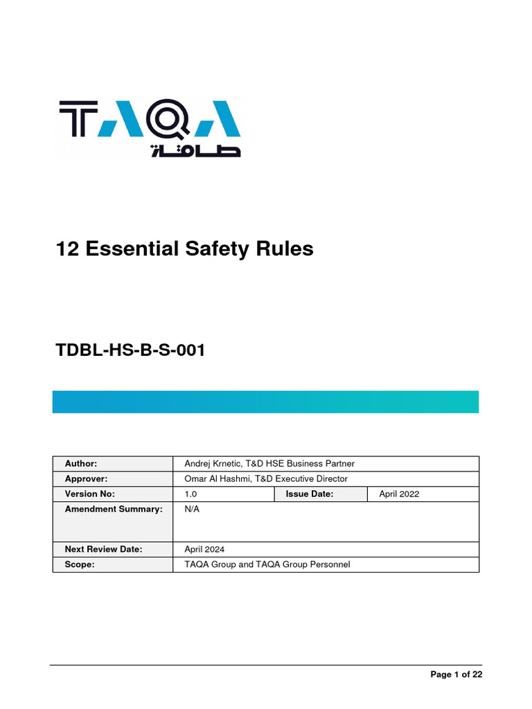 05 TDBL-HS-B-S-001 - 12 Essential Safety Rules - V 1.0 | PDF