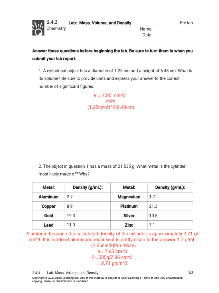 2.4.3 Lab - Mass, Volume, and Density (Pre-Lab) | PDF | Density | Volume