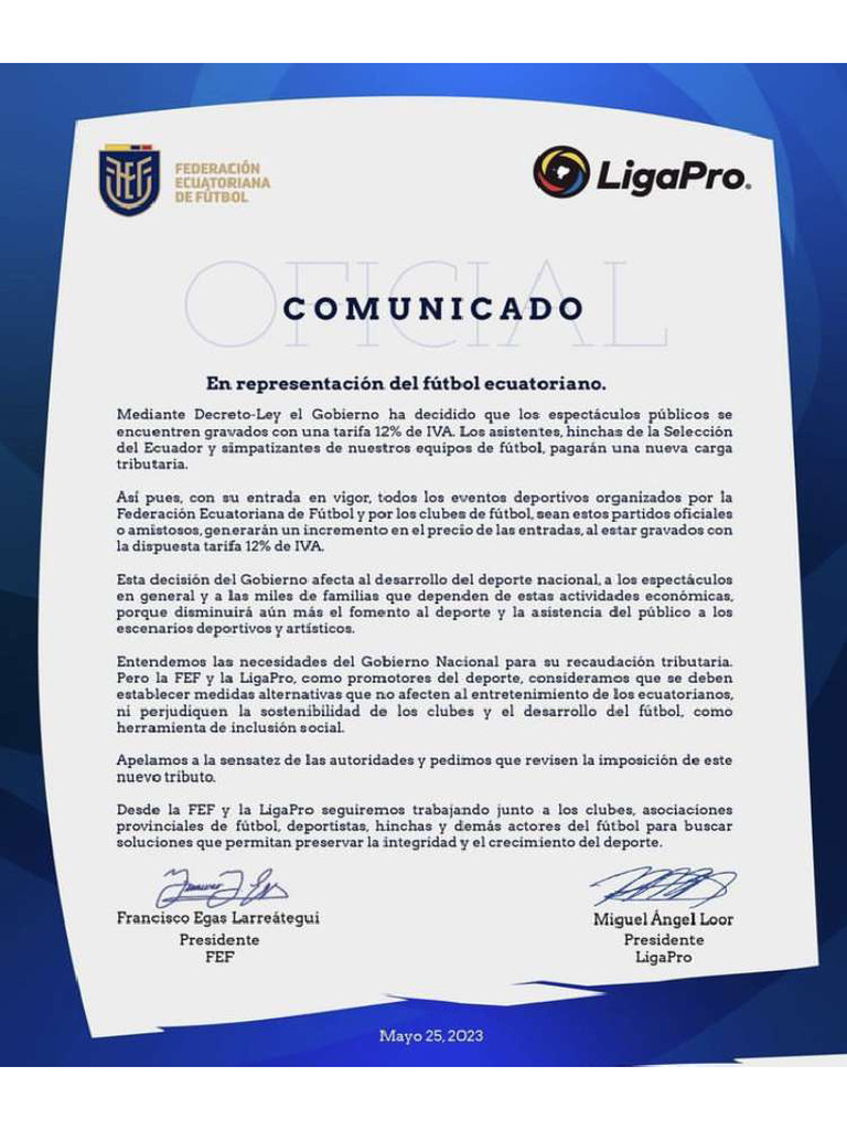 Comunicado Fef Liga Pro Ecuador Sobre Impuesto Iva | PDF