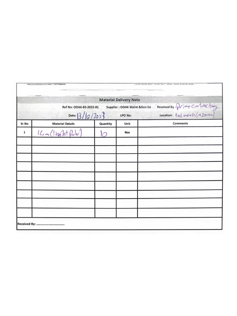 Material Delivery Note | PDF