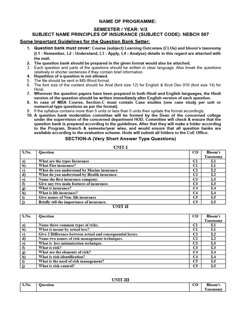 Question Bank Format | PDF | Insurance | Risk Management