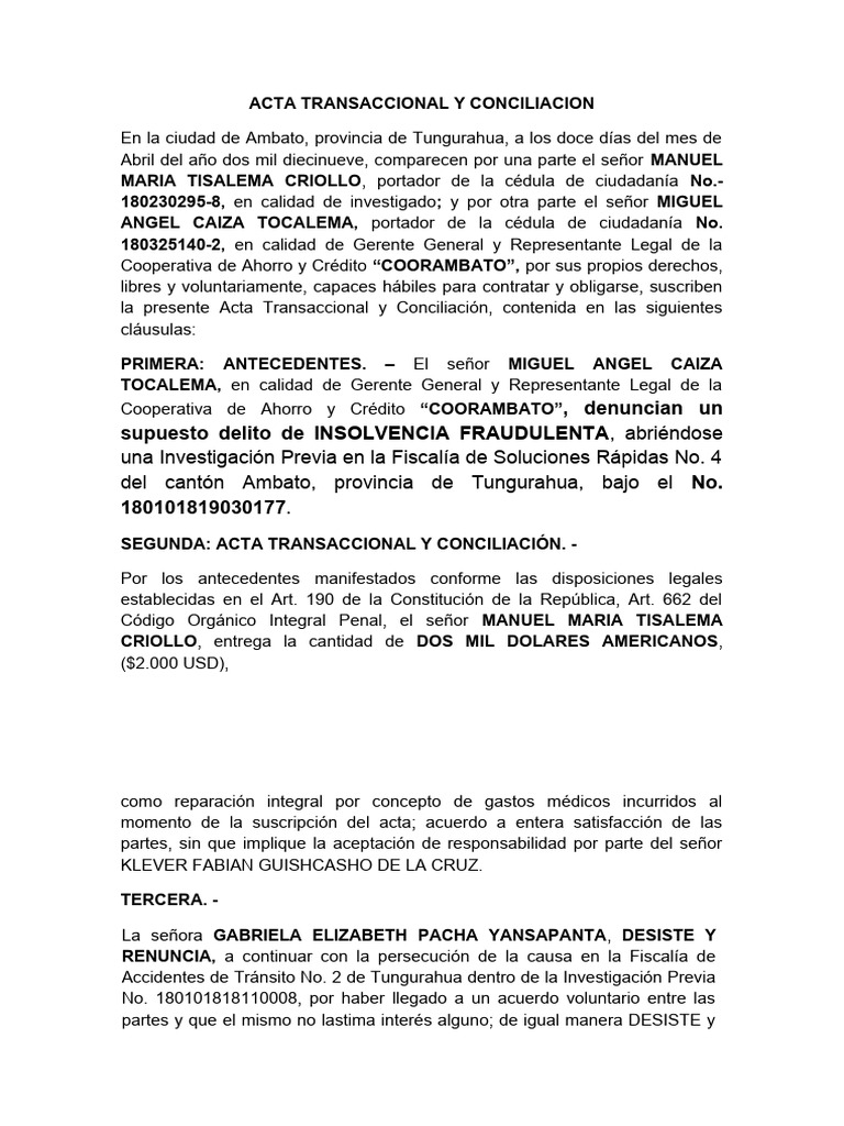 Acta Transaccional y Conciliacion Sr. Tisalema Manuel | PDF | Gobierno | Justicia