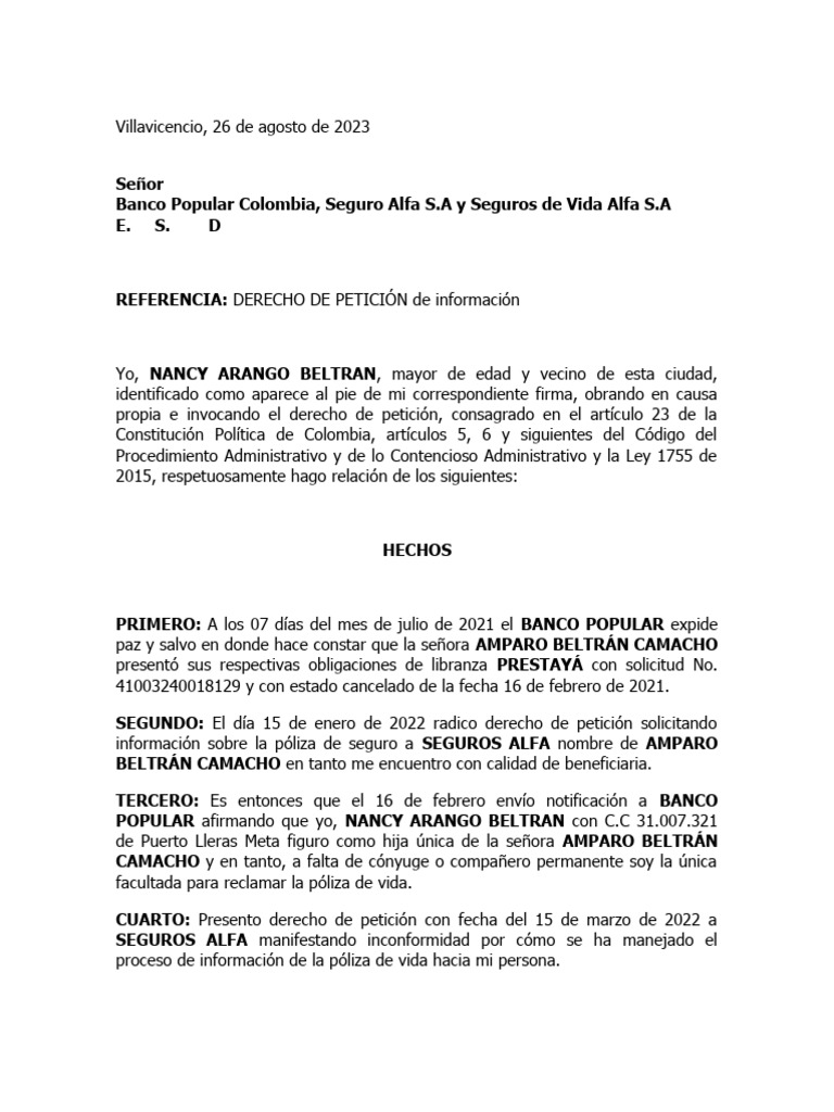 Derecho de Petición Nancy | PDF | Petición | Póliza de seguros