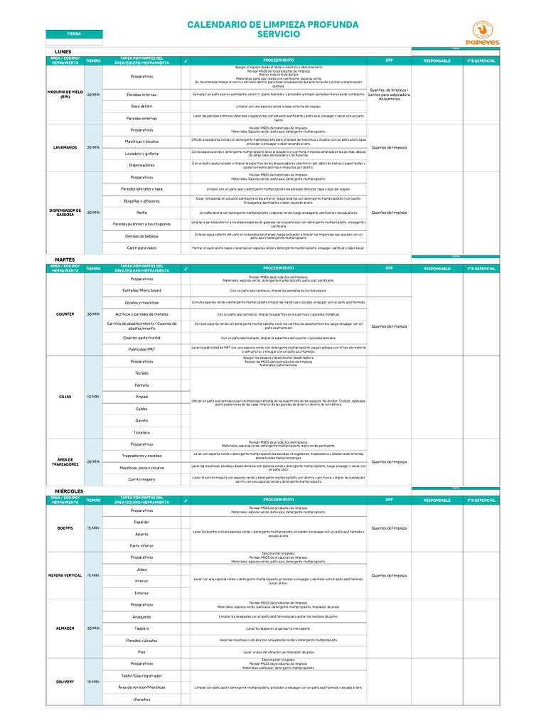 Calendario de Limpieza - Servicio | Descargar gratis PDF | Detergente