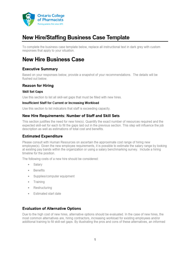 New Hire Staffing Request Business Case Template | Download Free PDF ...
