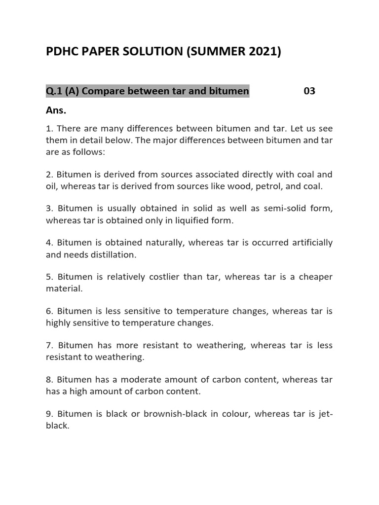 PDHC Paper Solution (Summer 2021) : Q.1 (A) Compare Between Tar and ...