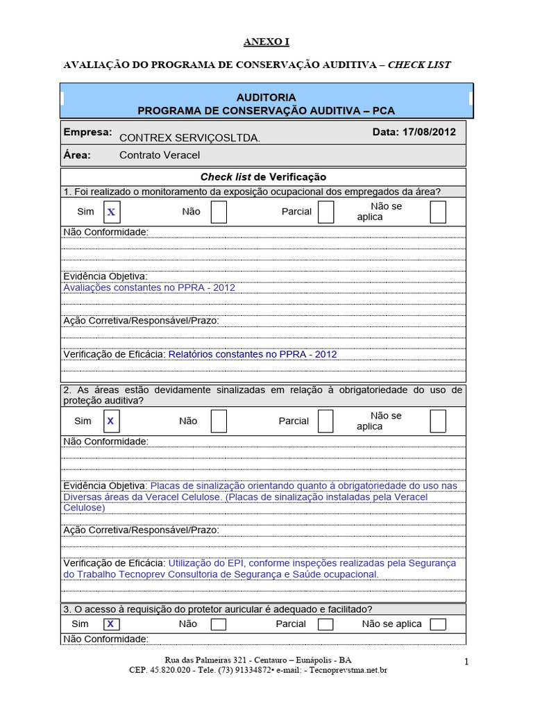 AVALIAÇÃO DO PROGRAMA DE CONSERVAÇÃO AUDITIVA – CHECK LIST | PDF