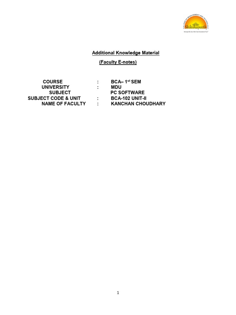 PC Software Unit - 2 | PDF | Microsoft Word | Window (Computing)