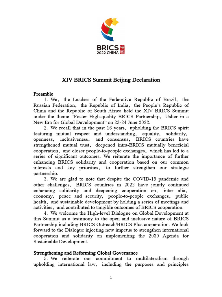 14th BRICS Summit Beijing Declaration | PDF | Sustainability ...