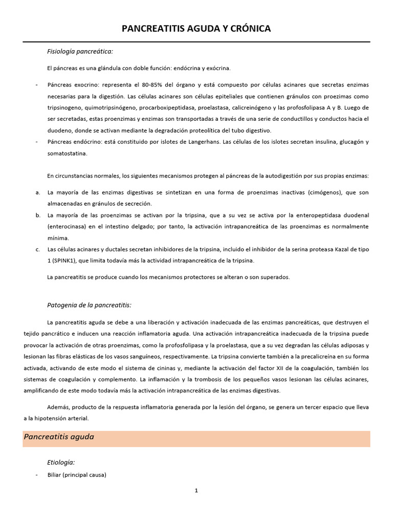 PANCREATITIS AGUDA Y CRÓNICA (6 Junio) | PDF | Páncreas | Medicina CLINICA