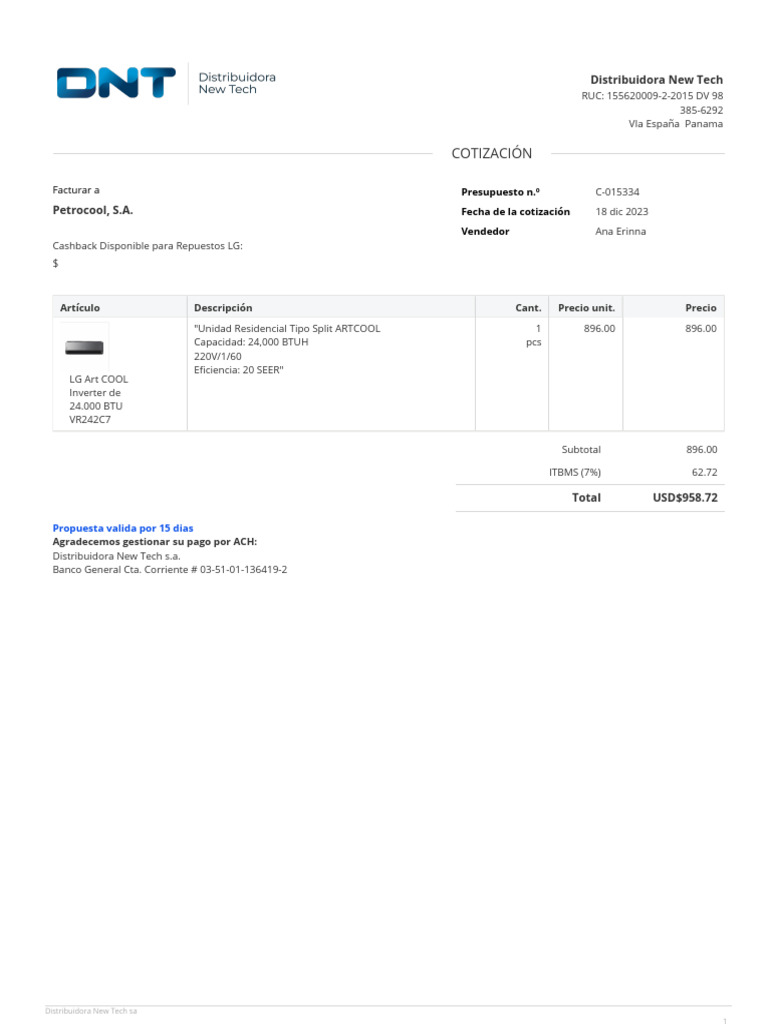 Cotización Cotización: Distribuidora New Tech | PDF