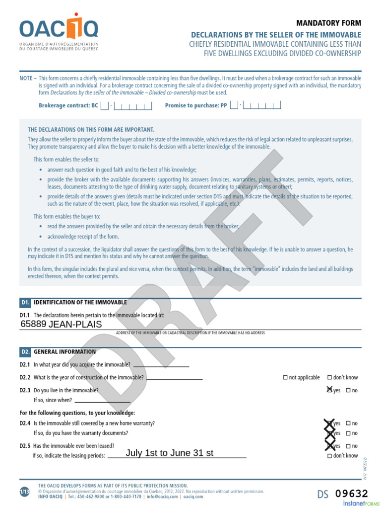 QUEBEC Declarations by The Seller of The Immovable | PDF | Combined ...