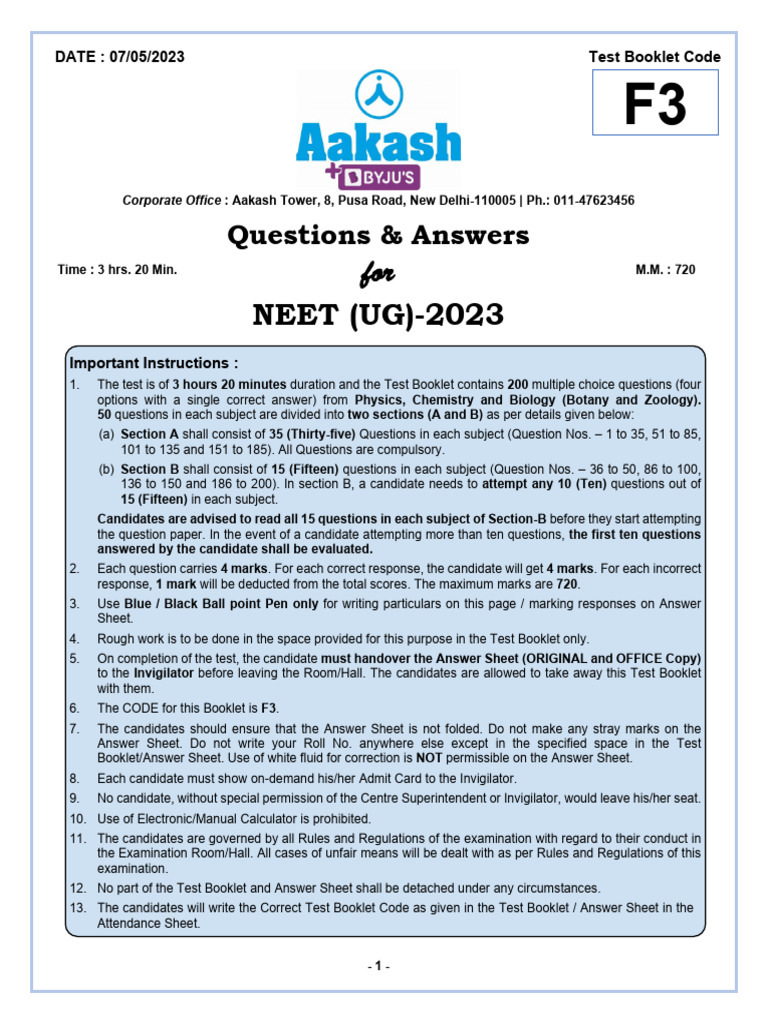 NEET 2023 Question Paper F3 | PDF | Chemical Bond | Chemical Reactions
