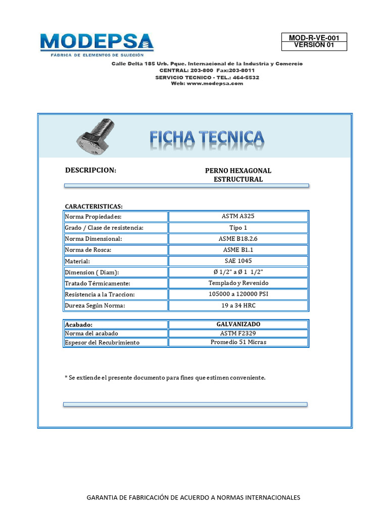 4. Ficha Tecnica Perno a325 Galvanizado | PDF