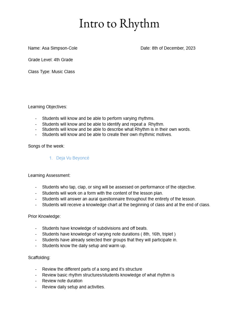Lesson Plan For Intro To Rhythm | PDF | Rhythm | Musical Forms