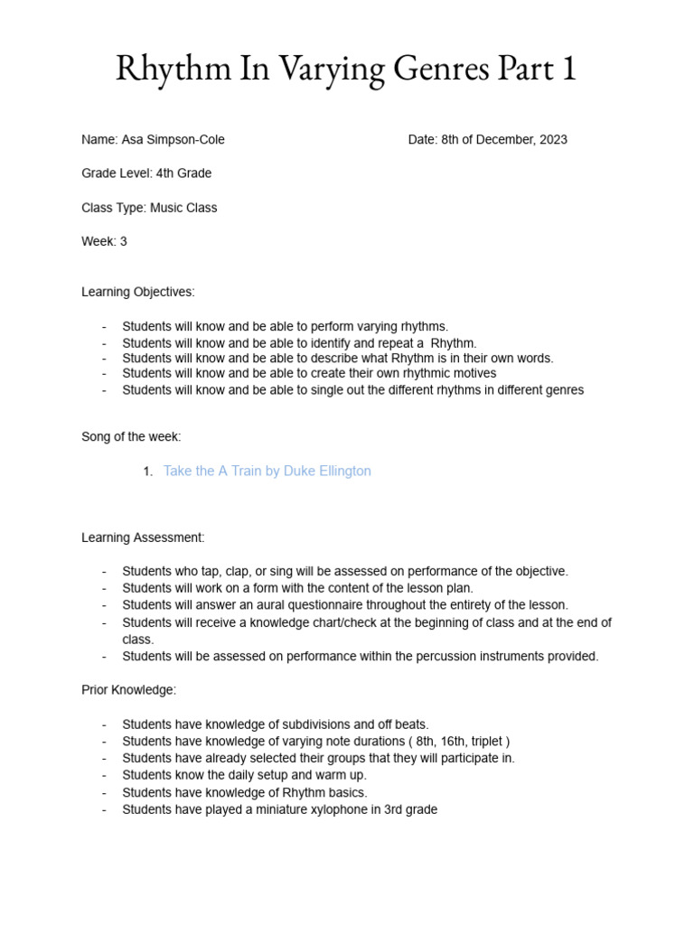 Lesson Plan For Rhythm in Varying Genres Part 1 | PDF | Rhythm | Jazz