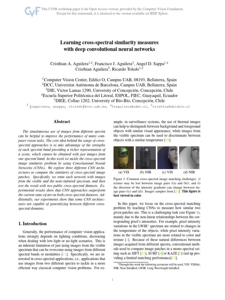 Aguilera Learning Cross-Spectral Similarity CVPR 2016 Paper | PDF | Infrared | Computer Vision