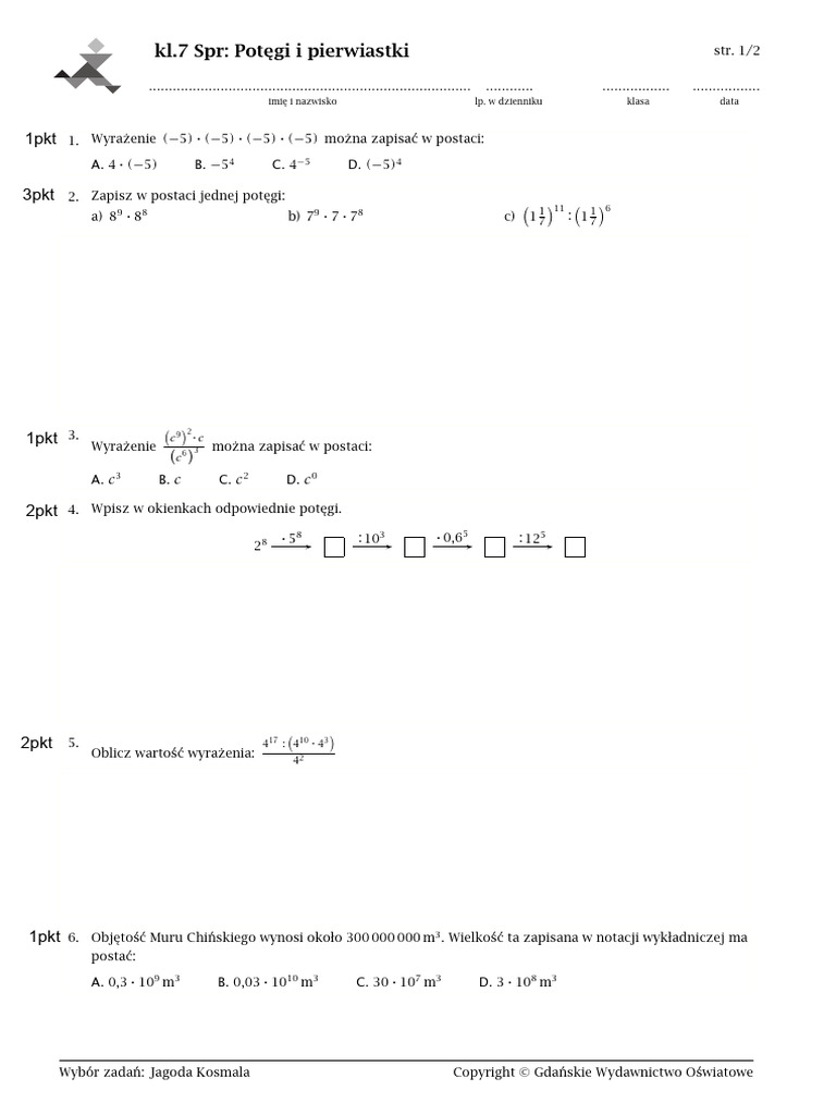 Matematyka Sprawdzian Klasa 7 Potęgi I Pierwiastki | PDF