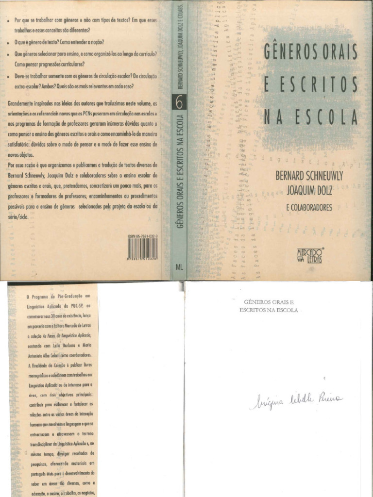 DOLZ, Joaquim SCHNEUWLY, Bernard. Gêneros Orais e Escritos Na Escola. | PDF